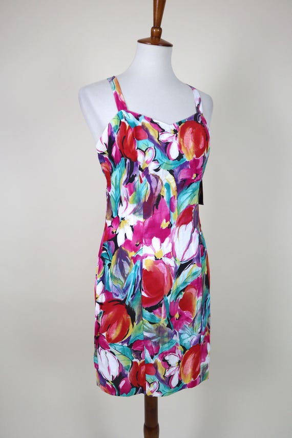 80's Pink Tulip Wiggle Mini Dress / Watercolor Flora… - Gem