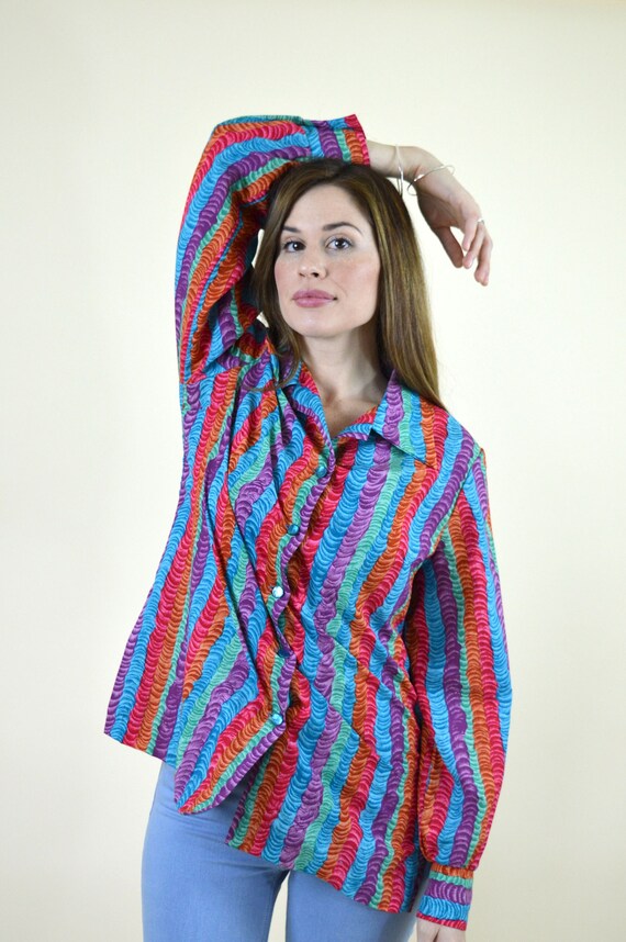 1970's Bright Colorful Swirly Stripe Print Groovy Hip… - Gem