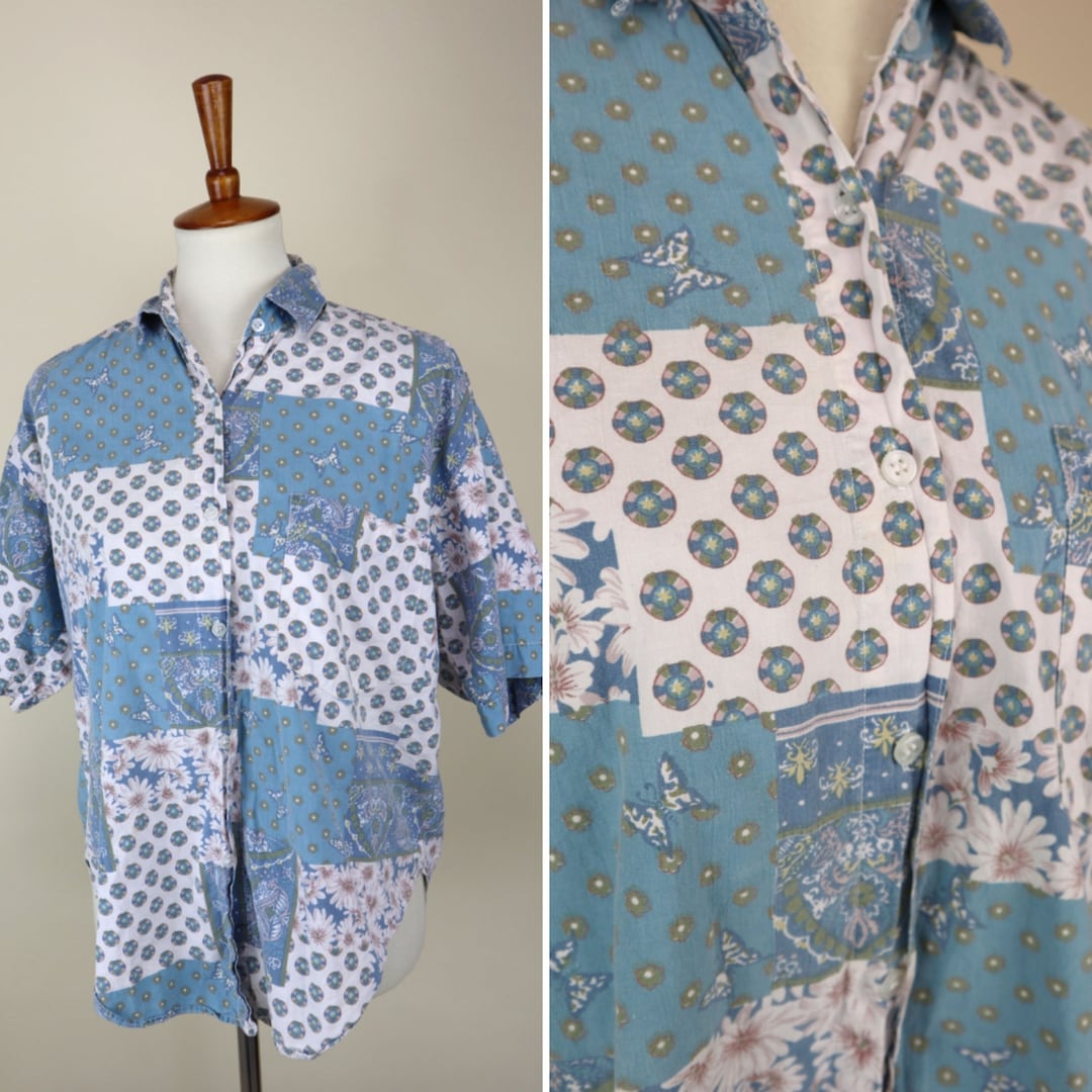 90's Blue Patchwork Print Cotton Shirt / Short Sleeve Button up ...