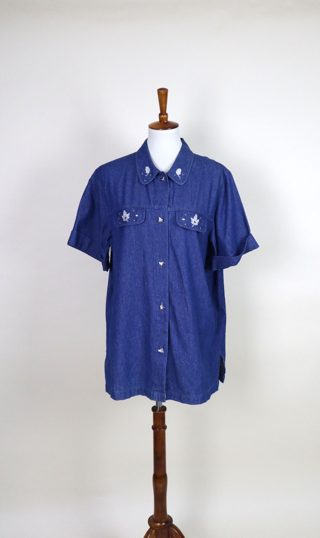 Bedazzled Short Sleeve Denim Shirt / Casual Fun Maple Leaf Patch ...