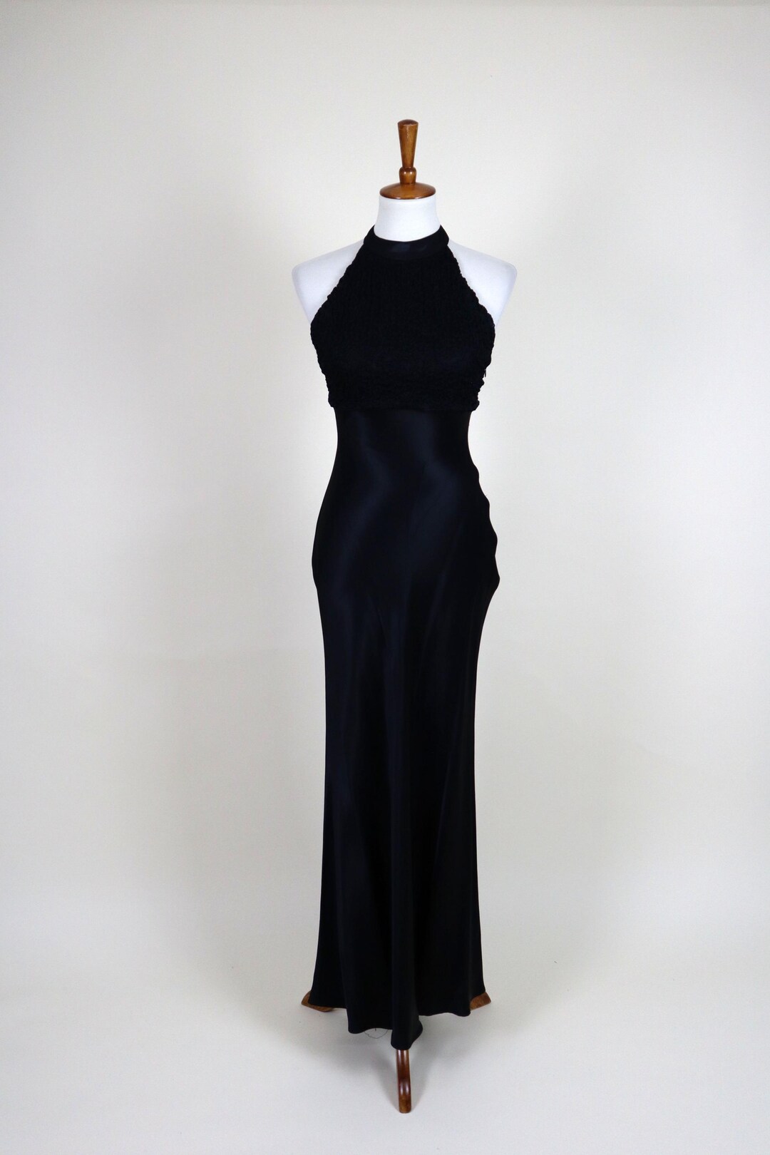 90's Black Satin Halter Top Prom Dress / Fitted Sheath Style Elegant ...