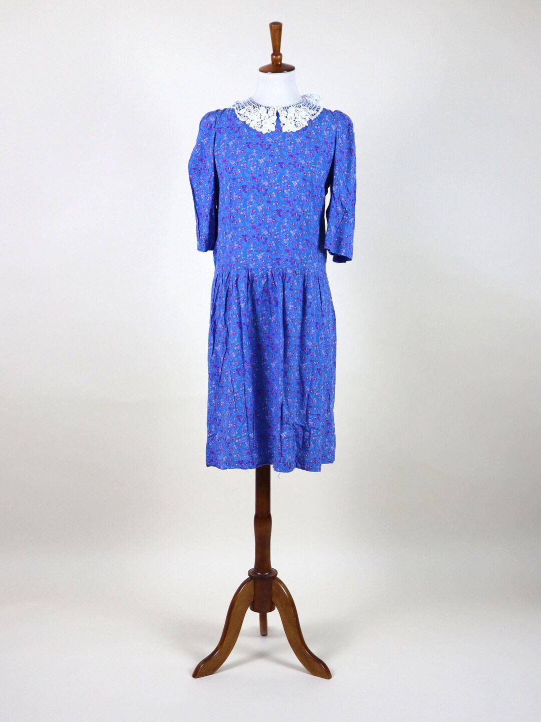 80's Blue Floral Lace Collar Cottagecore Frock / Loose Fit Drop Waist ...