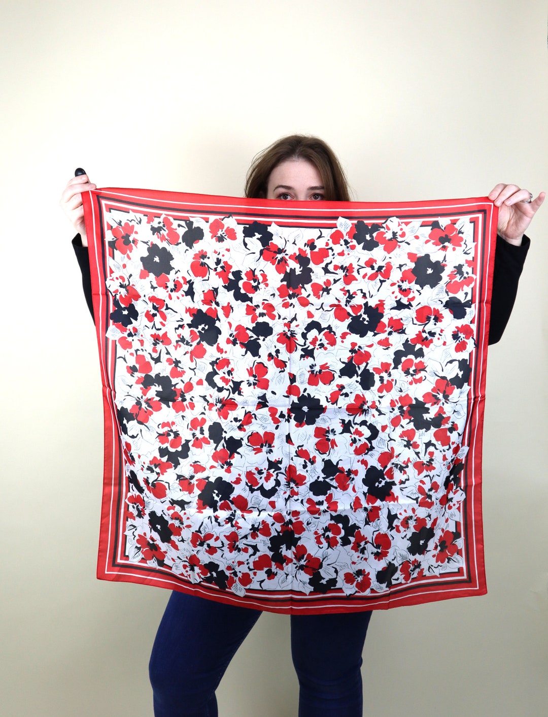 Vintage Red, White and Black Liz Sinclair Floral Square Scarf ...