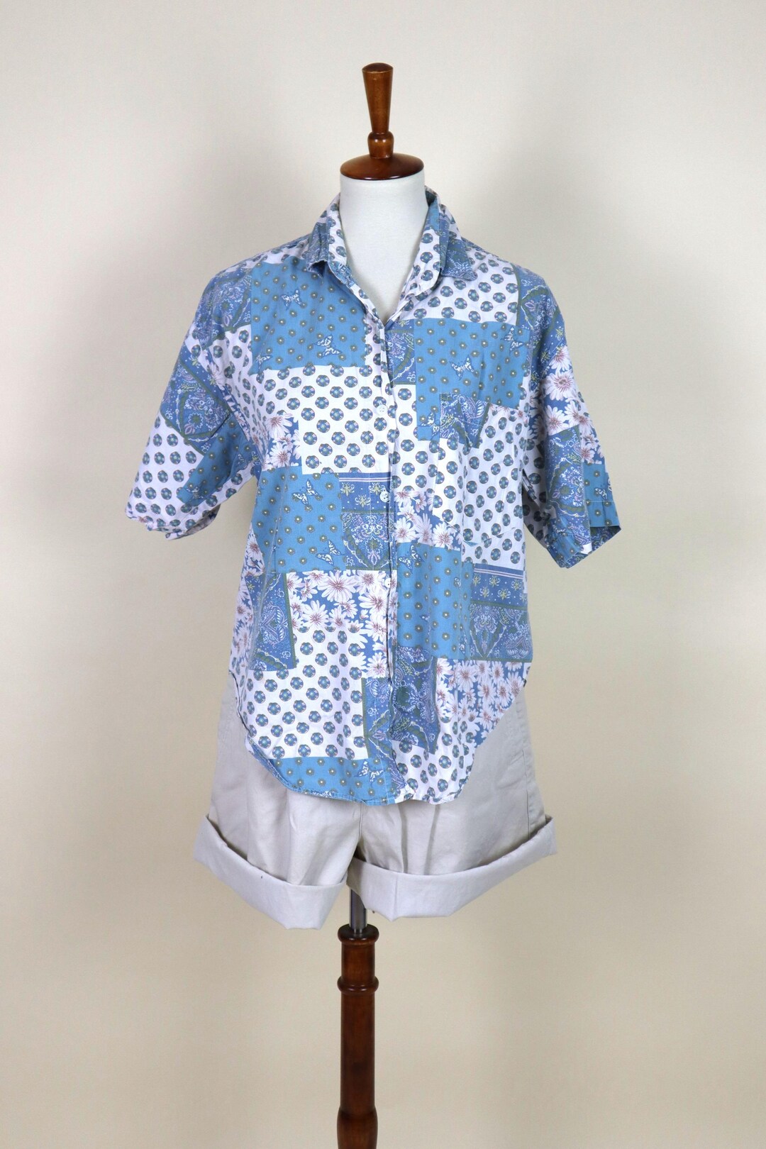 90's Blue Patchwork Print Cotton Shirt / Short Sleeve Button up ...