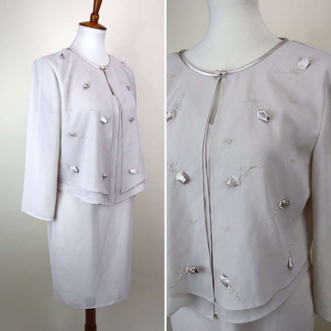 90s Cream Beige Matronly Shift Dress With Faux Shrug and Beading S-M ...