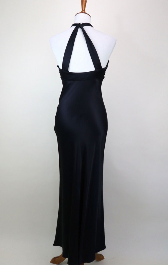 90s Black Satin Halter Top Prom Dress Fitted Sheat Gem