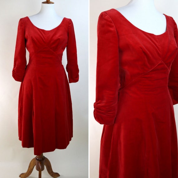 1950's Red Velvet Fit and Flare Cocktail Dress / Gorg… - Gem