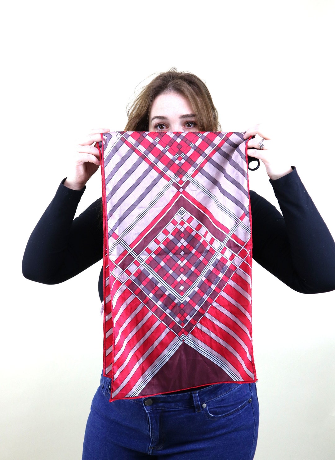 Red and Grey Geometric Line Print Mod Rectangle Scarf / 60's Vintage ...