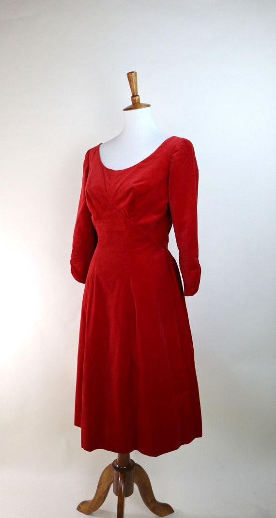 1950's Red Velvet Fit and Flare Cocktail Dress / Gorg… - Gem