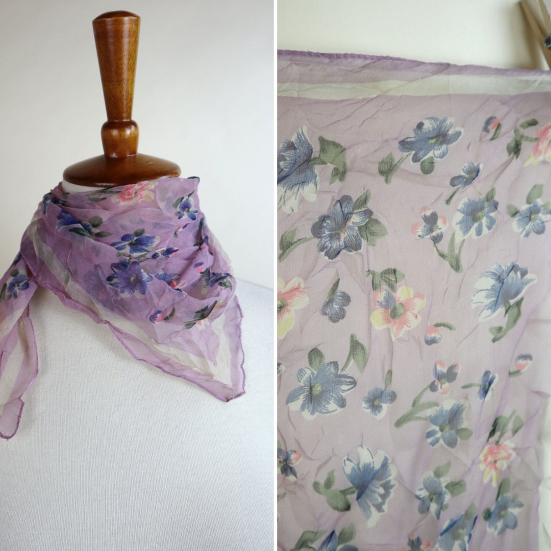 70's Vintage Purple Floral Cottagecore Sheer Fashion Scarf / Light ...