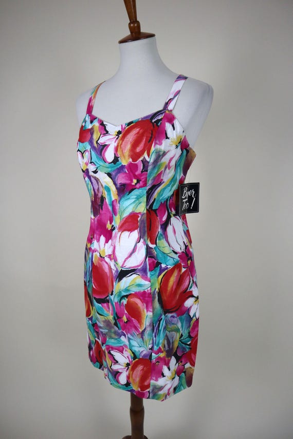 80's Pink Tulip Wiggle Mini Dress / Watercolor Flora… - Gem