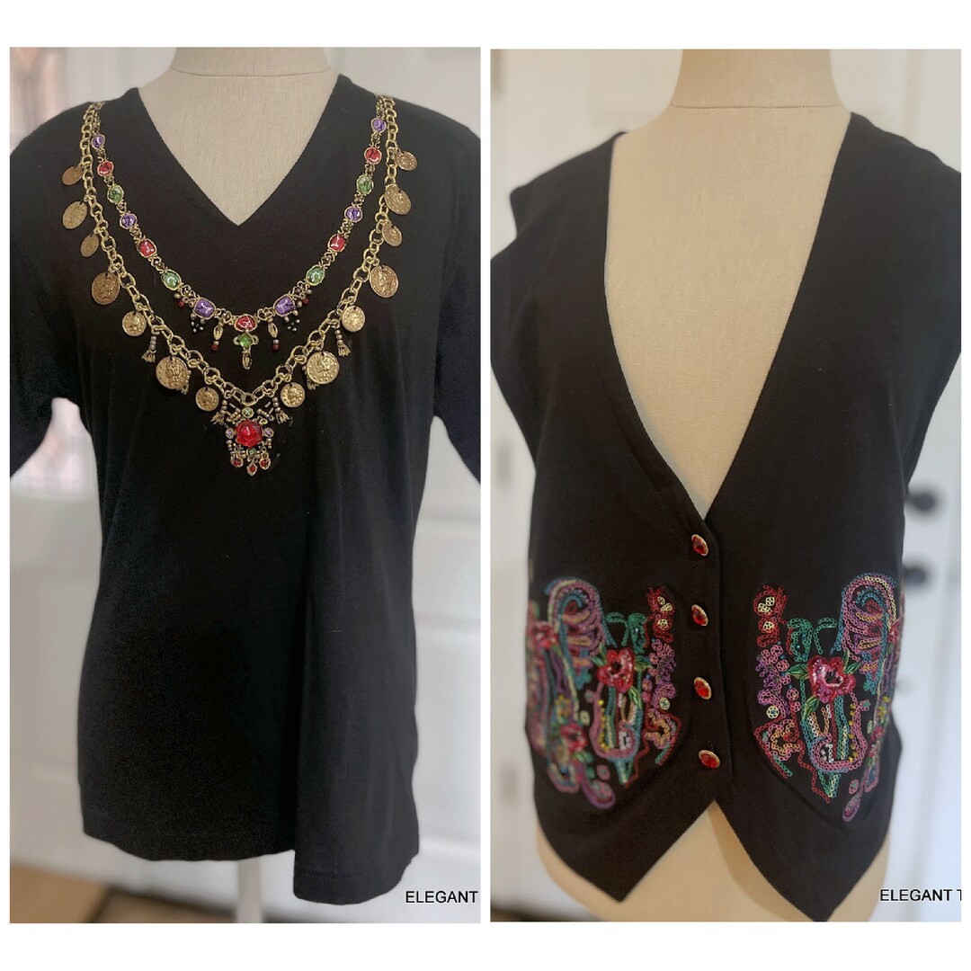 Carole Little Sport Petites Black Embellished Sleeveless Vest and Gold ...