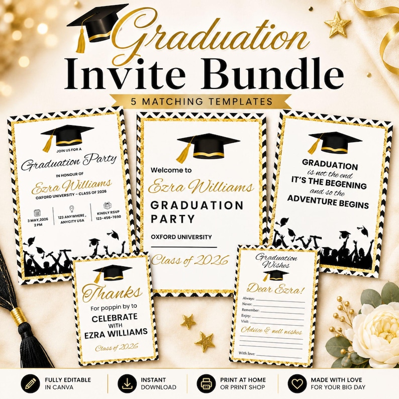 Graduation Party Invitation Bundle Canva | Welcome Sign Thank You Card ...