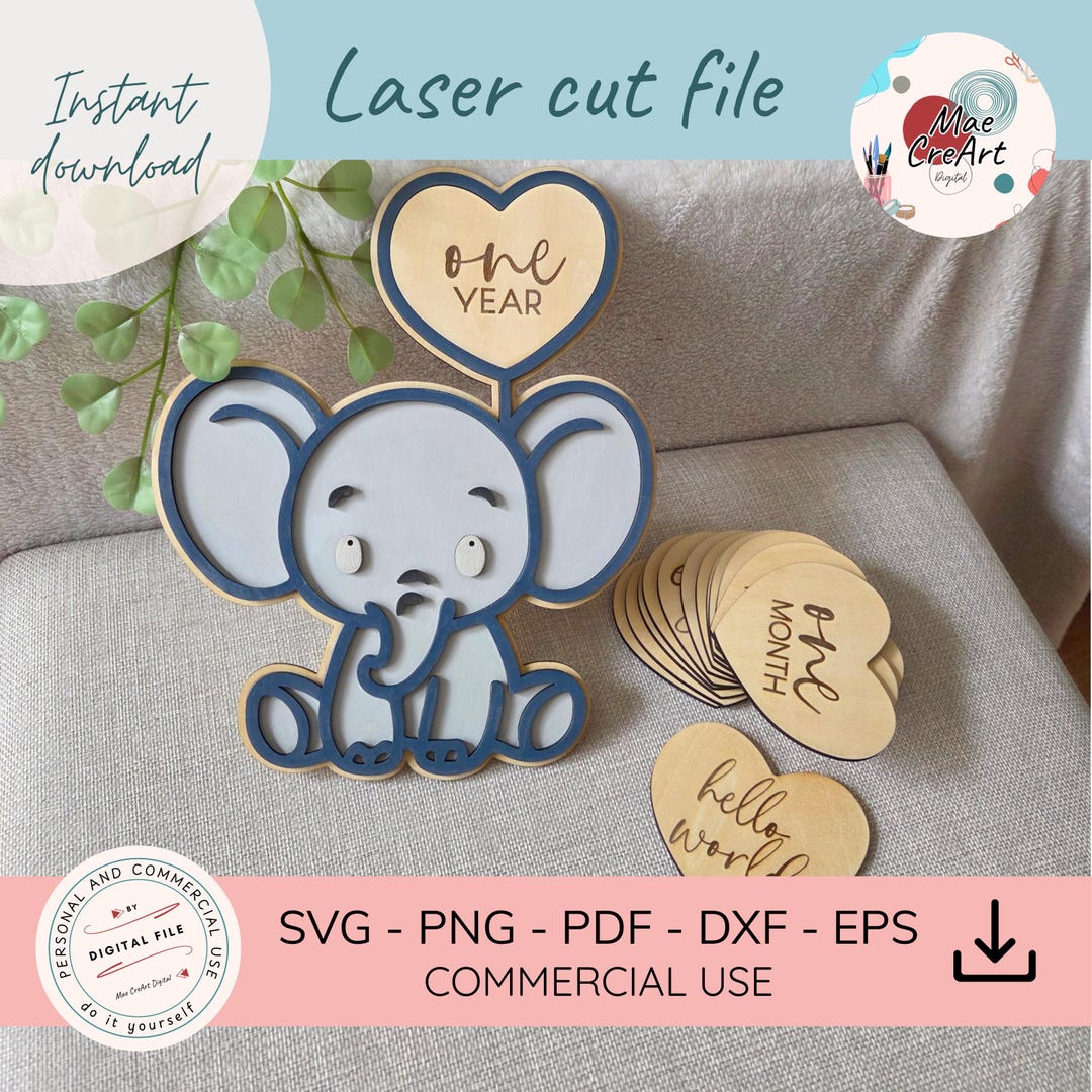 Elephant Baby Milestone Cards SVG | Heart Balloon Sign | Cut File ...