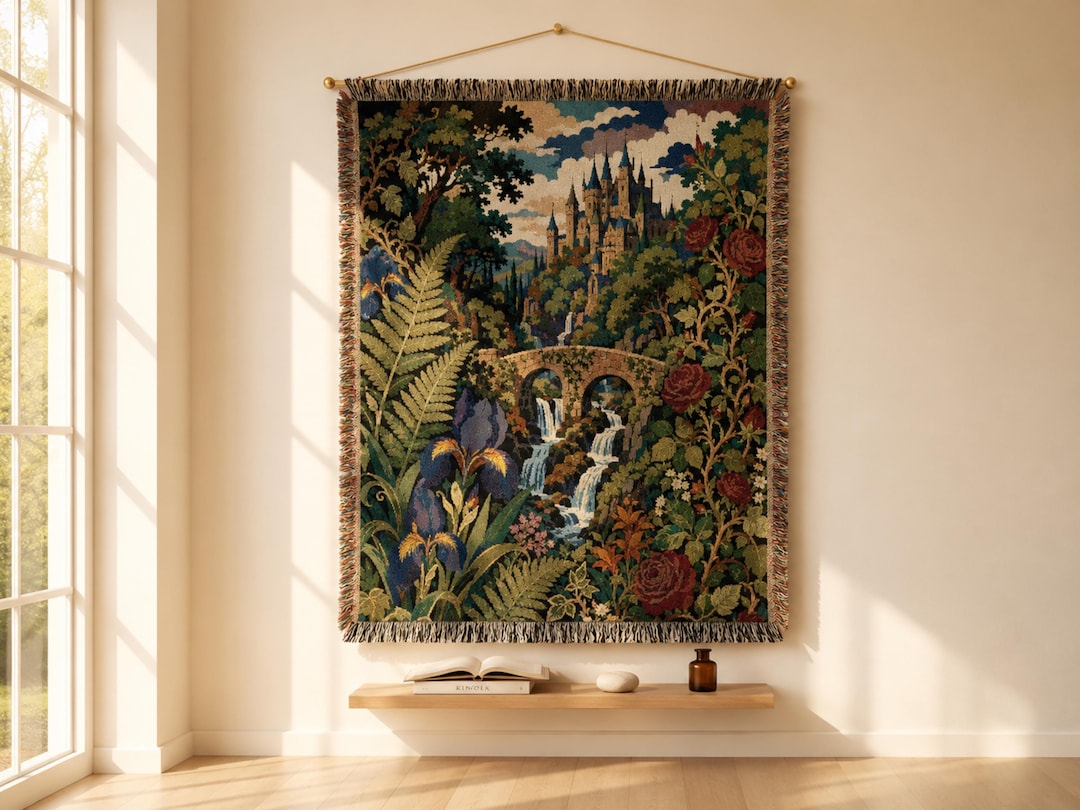 Medieval Castle Woven Blanket, Enchanted Forest Tapestry Throw ...