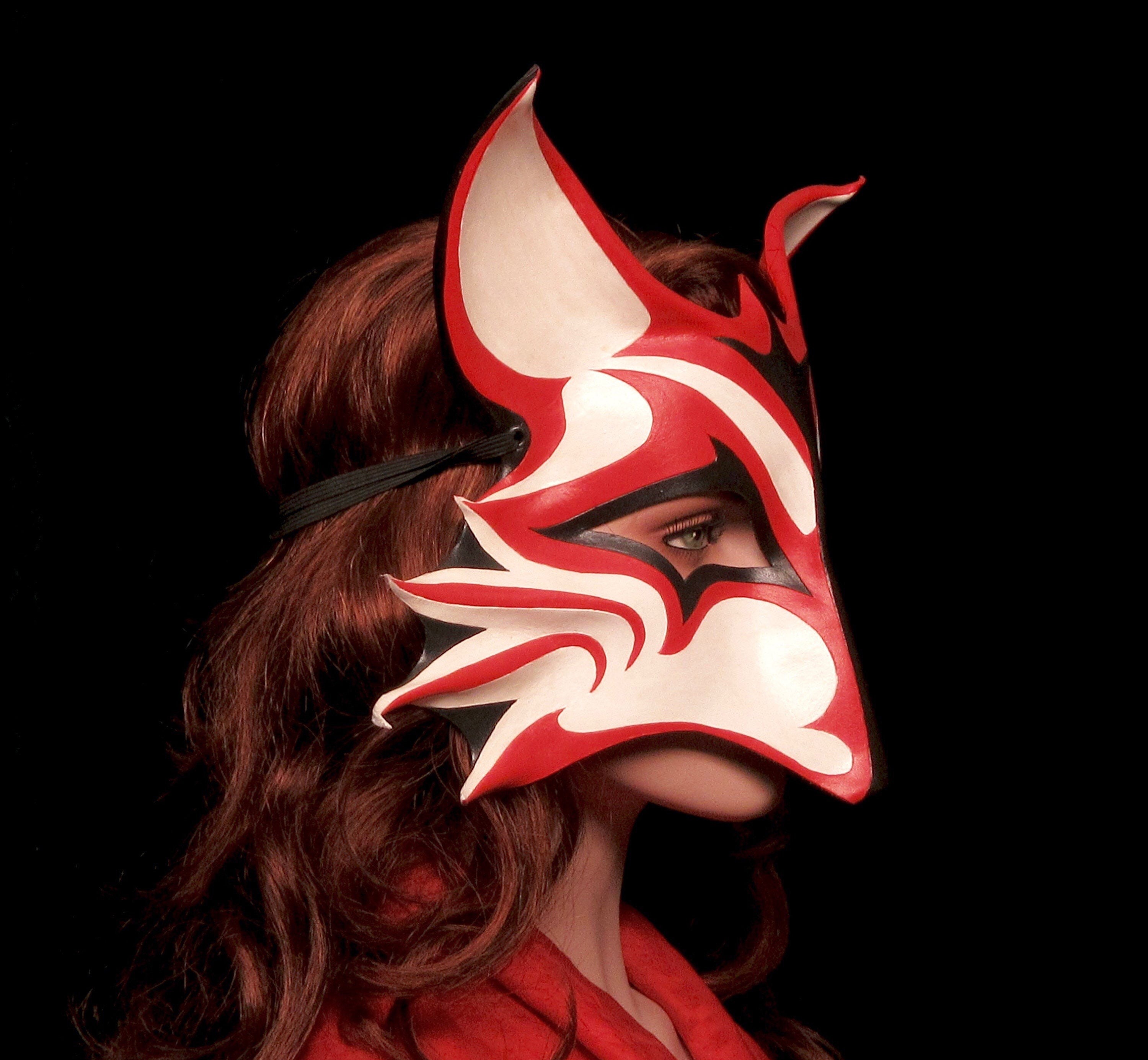 Leather Kitsune Mask Leather Fox Eyemask Red and Black | Etsy