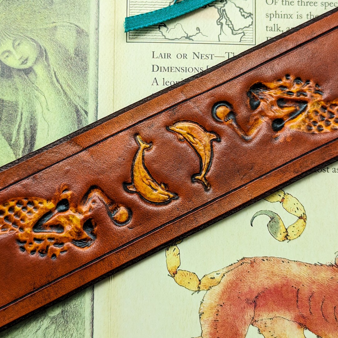 Leather Mermaids, Dolphins Bookmark, Handcrafted Golden Brown Leather ...