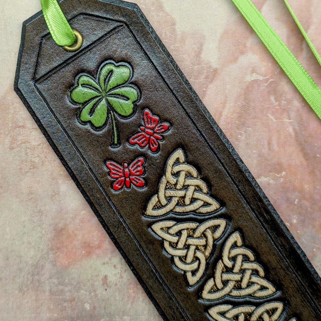 Leather Shamrocks, Celtic Knots and Butterfly Bookmark, Handmade Lucky ...