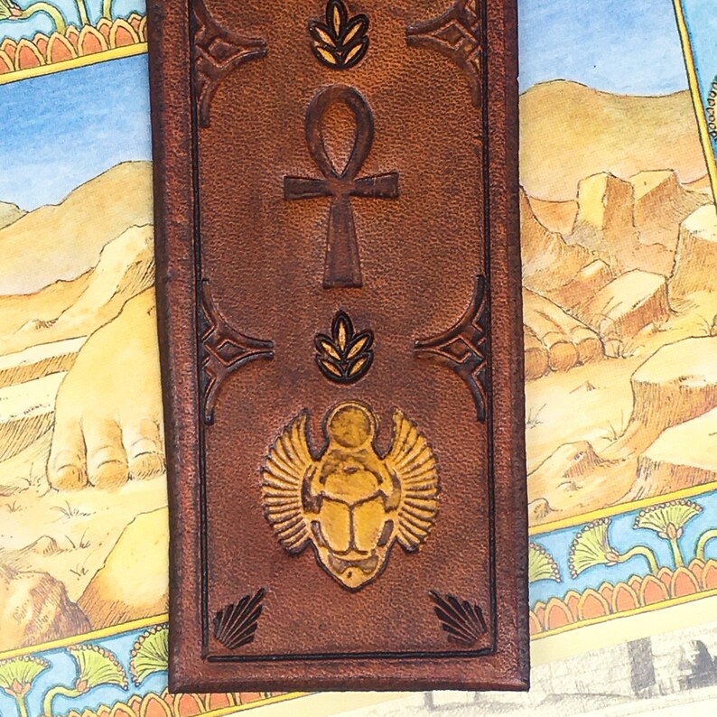 Leather Egypt Bookmark, Scarabs & Ankhs, Handcrafted Egyptian Bookmark ...