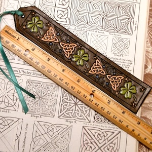 Leather Shamrock and Celtic Knot Bookmark in Leather, Handmade Lucky ...