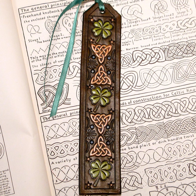 Leather Shamrock and Celtic Knot Bookmark in Leather, Handmade Lucky ...