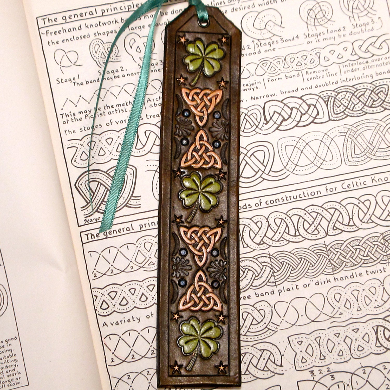 Leather Shamrock and Celtic Knot Bookmark in Leather, Handmade Lucky ...