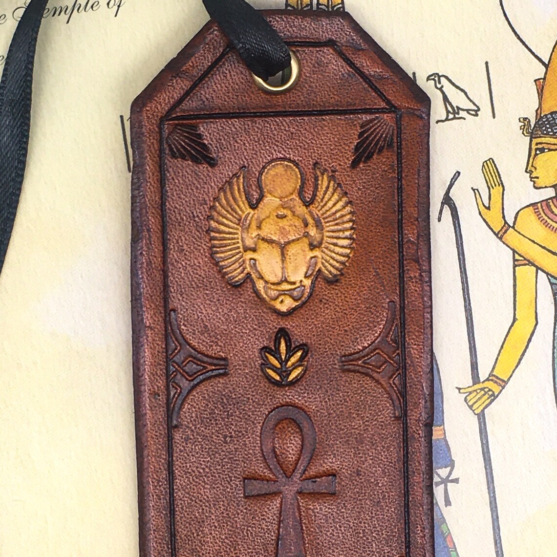 Leather Egypt Bookmark, Scarabs & Ankhs, Handcrafted Egyptian Bookmark ...