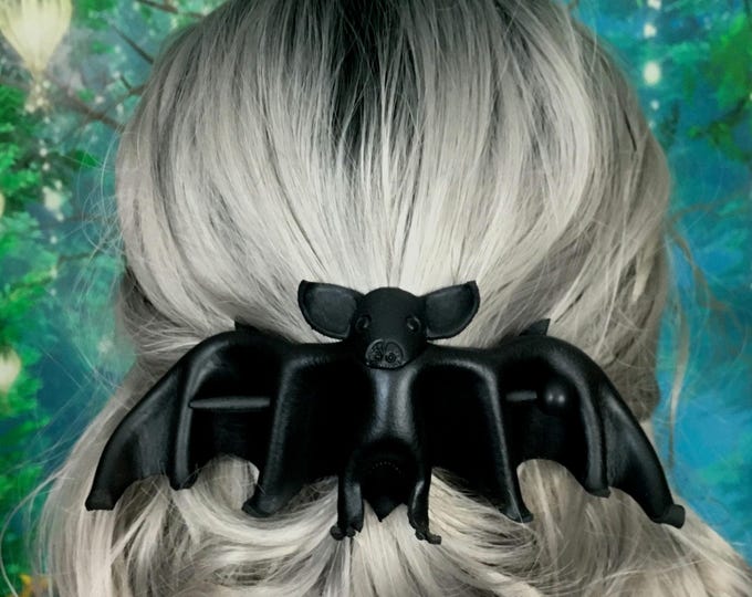 Leather Bat Hair Slide, Satiny Black Bat Stick Barrette, Large Striking ...