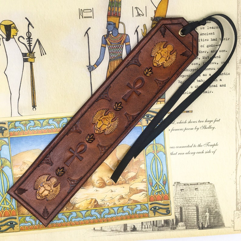 Leather Egypt Bookmark, Scarabs & Ankhs, Handcrafted Egyptian Bookmark ...