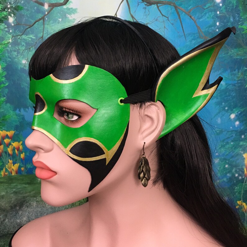 Leather Fairy Mask and Ear Accessory Green Black Gold - Etsy