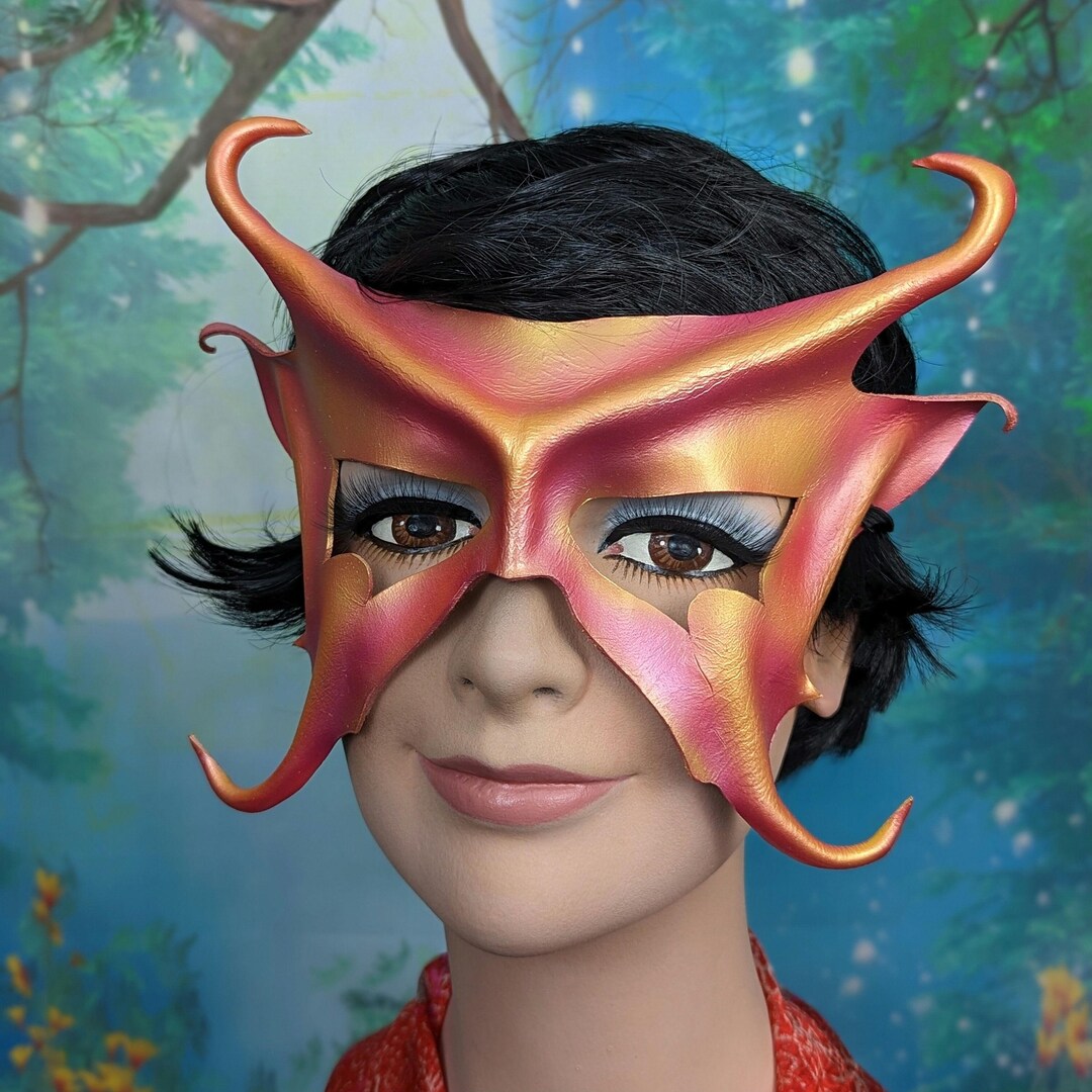 Pink and Gold Leather Fairy Mask, Flamboyant Handsculpted Mischievous ...