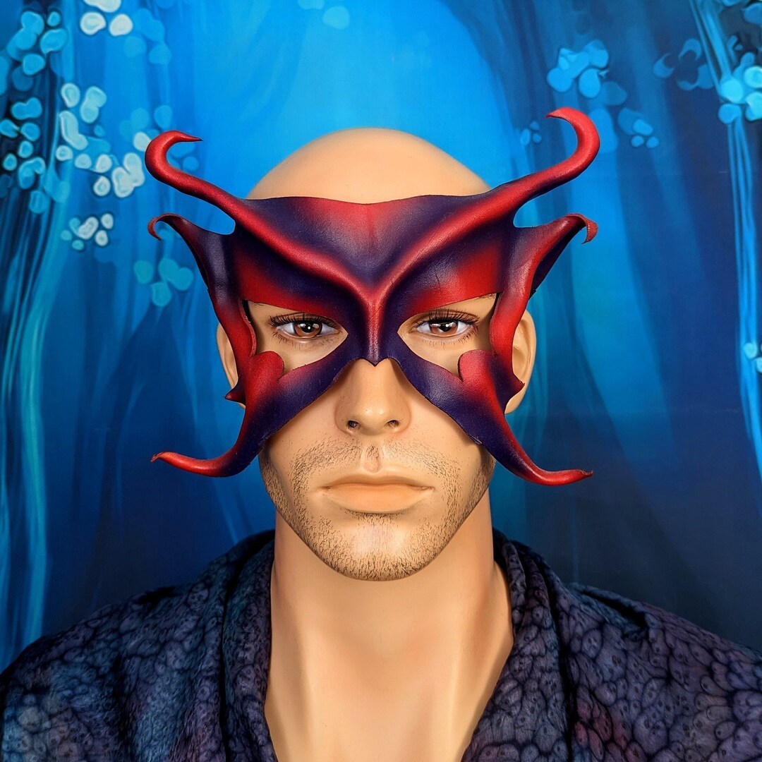Horned Leather Mask, Red and Purple Handcrafted Halfmask, Devilish Red ...