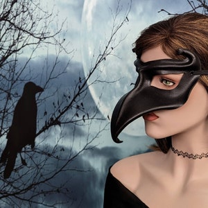 Black Leather Raven Mask, Handcrafted Crow Eyemask With Hooked Beak ...