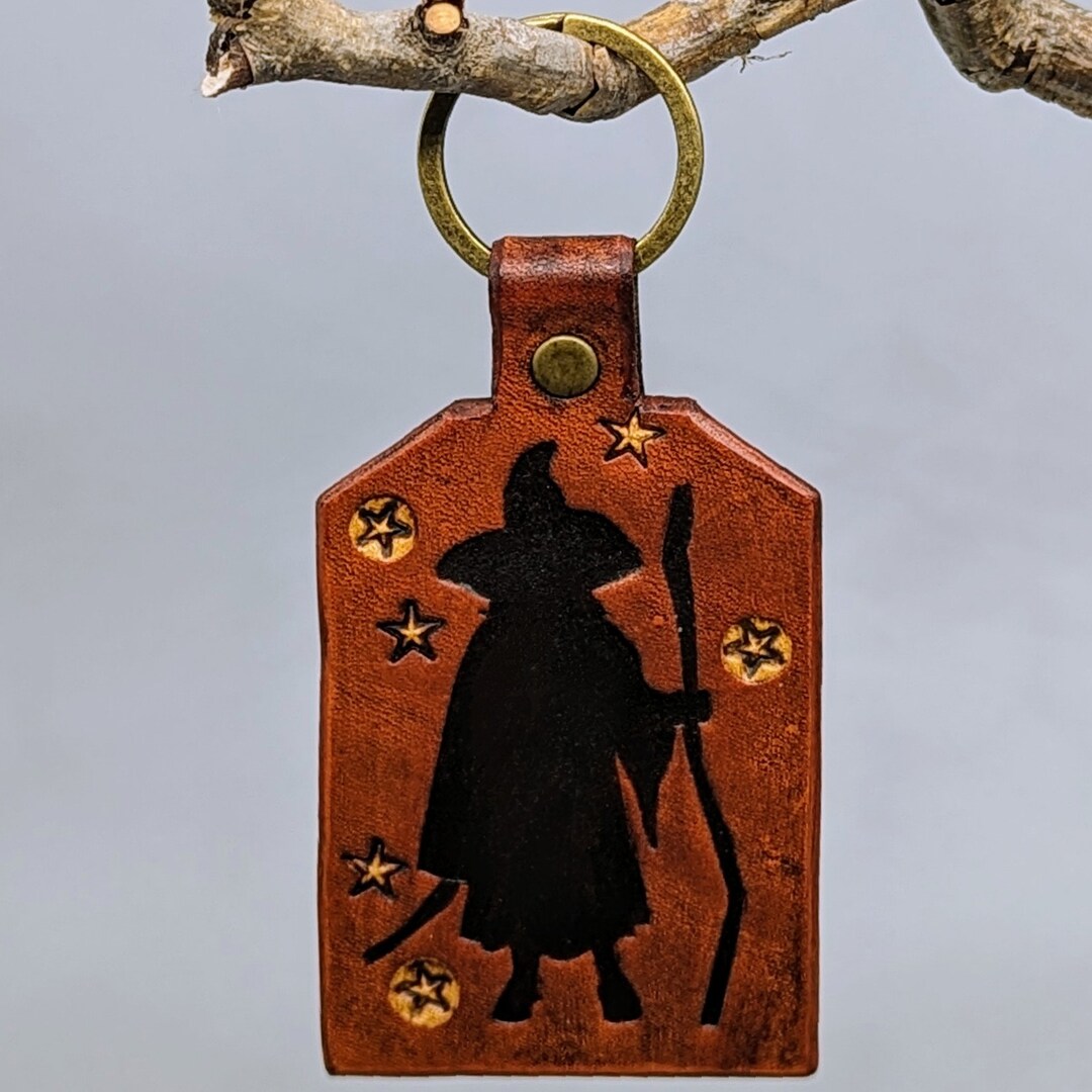 Witch or Wizard Staff and Wand Leather Keyring, Handcrafted Leather Key ...