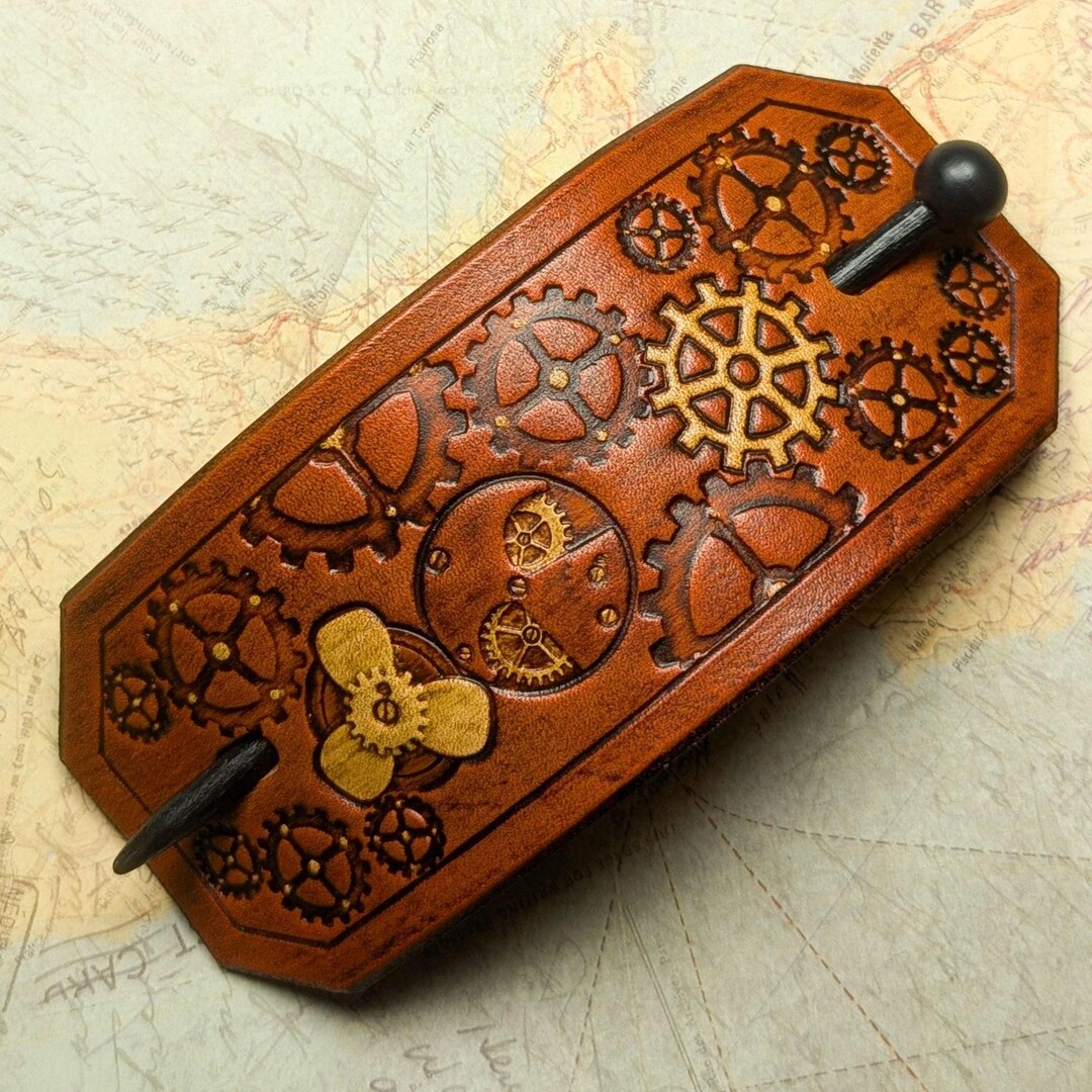 Handcrafted Leather Gear Stick Barrette, Steampunk Hair Clip, Clockwork ...
