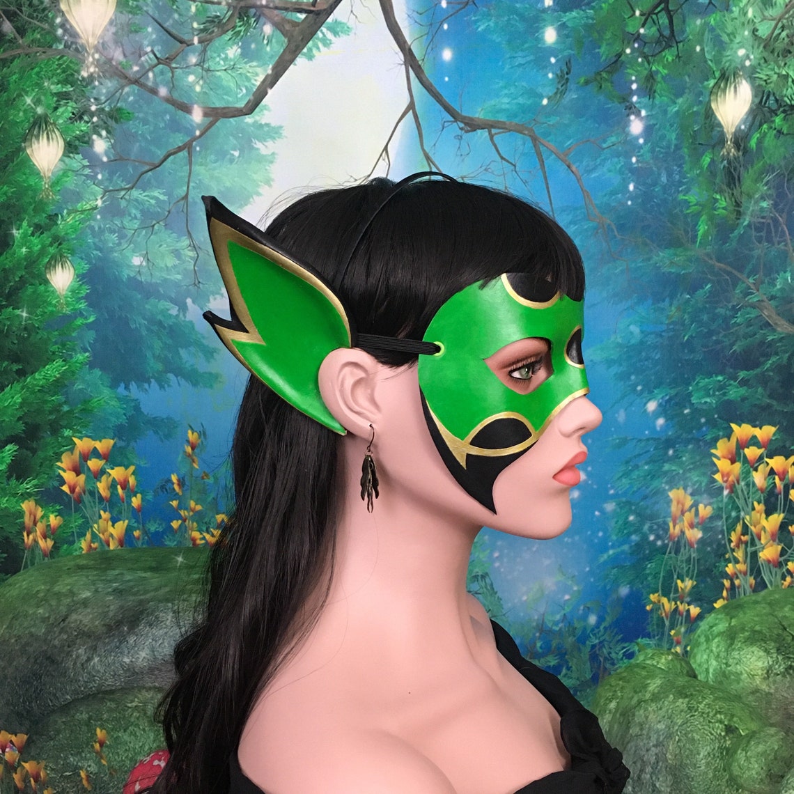 Leather Fairy Mask and Ear Accessory Green Black Gold | Etsy