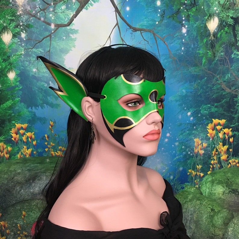 Leather Fairy Mask and Ear Accessory Green Black Gold - Etsy