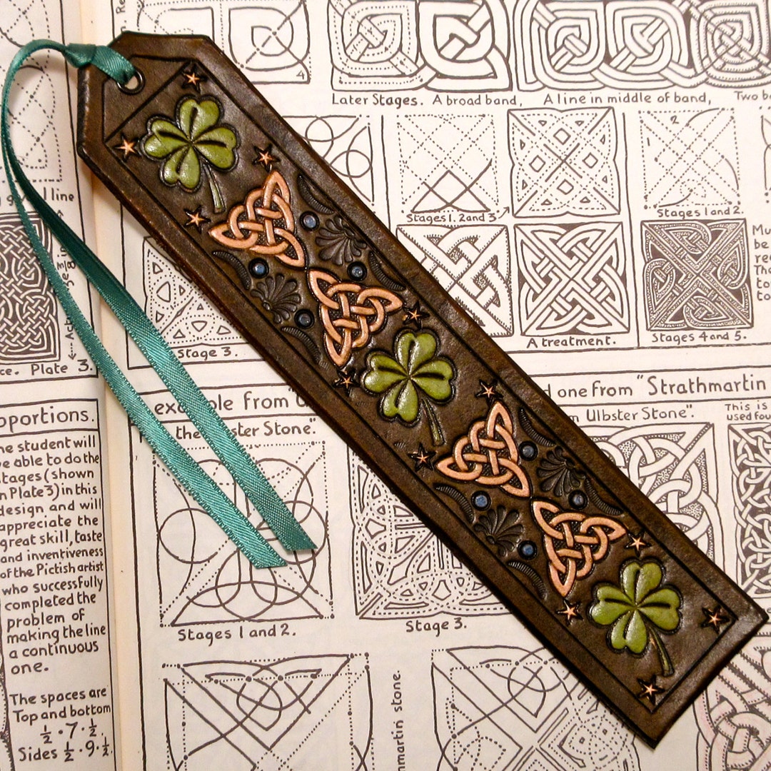 Leather Shamrock and Celtic Knot Bookmark in Leather, Handmade Lucky ...