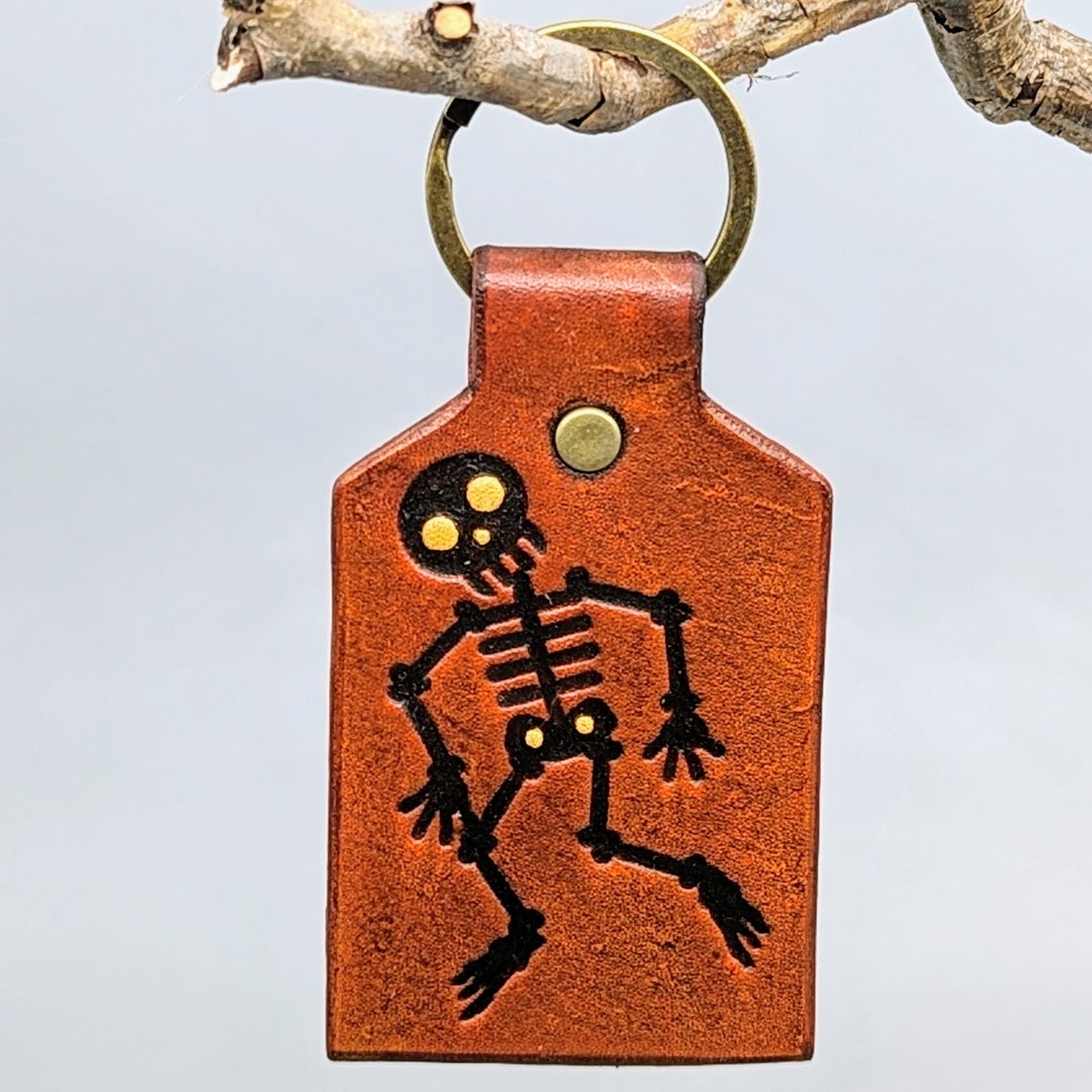 Leather Skeleton Dancing Keyring, Handcrafted Halloween Leather Key Fob ...