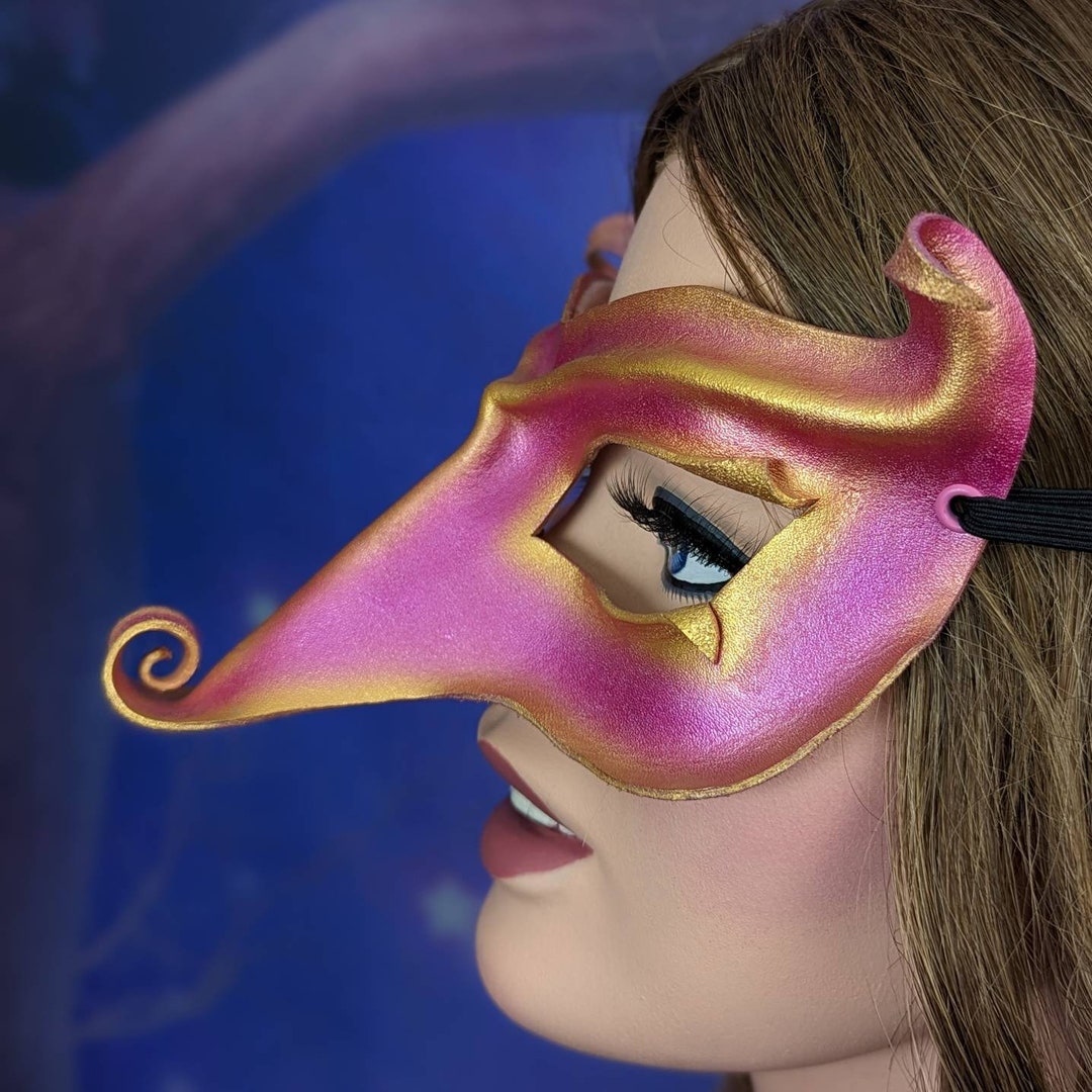 Pink and Gold Leather Fairy Mask, Mischievous Handcrafted Deep Pink ...