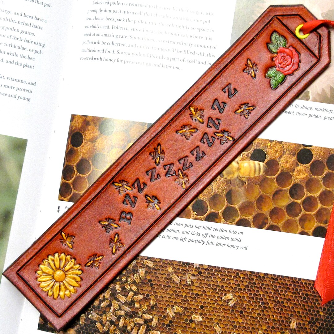 Leather Bees Bookmark, Buzzing Bees & Flowers, Handmade Antiqued ...