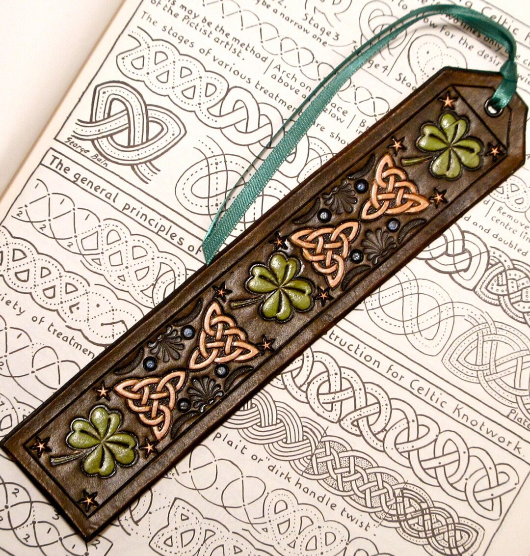 Leather Shamrock and Celtic Knot Bookmark in Leather, Handmade Lucky ...