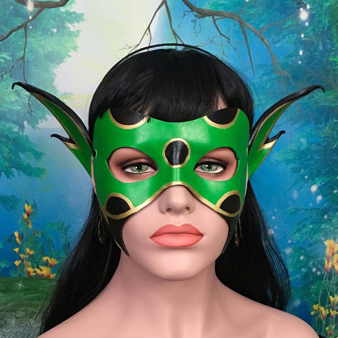 Leather Fairy Mask and Ear Accessory, Green Black Gold Handcrafted Fae ...