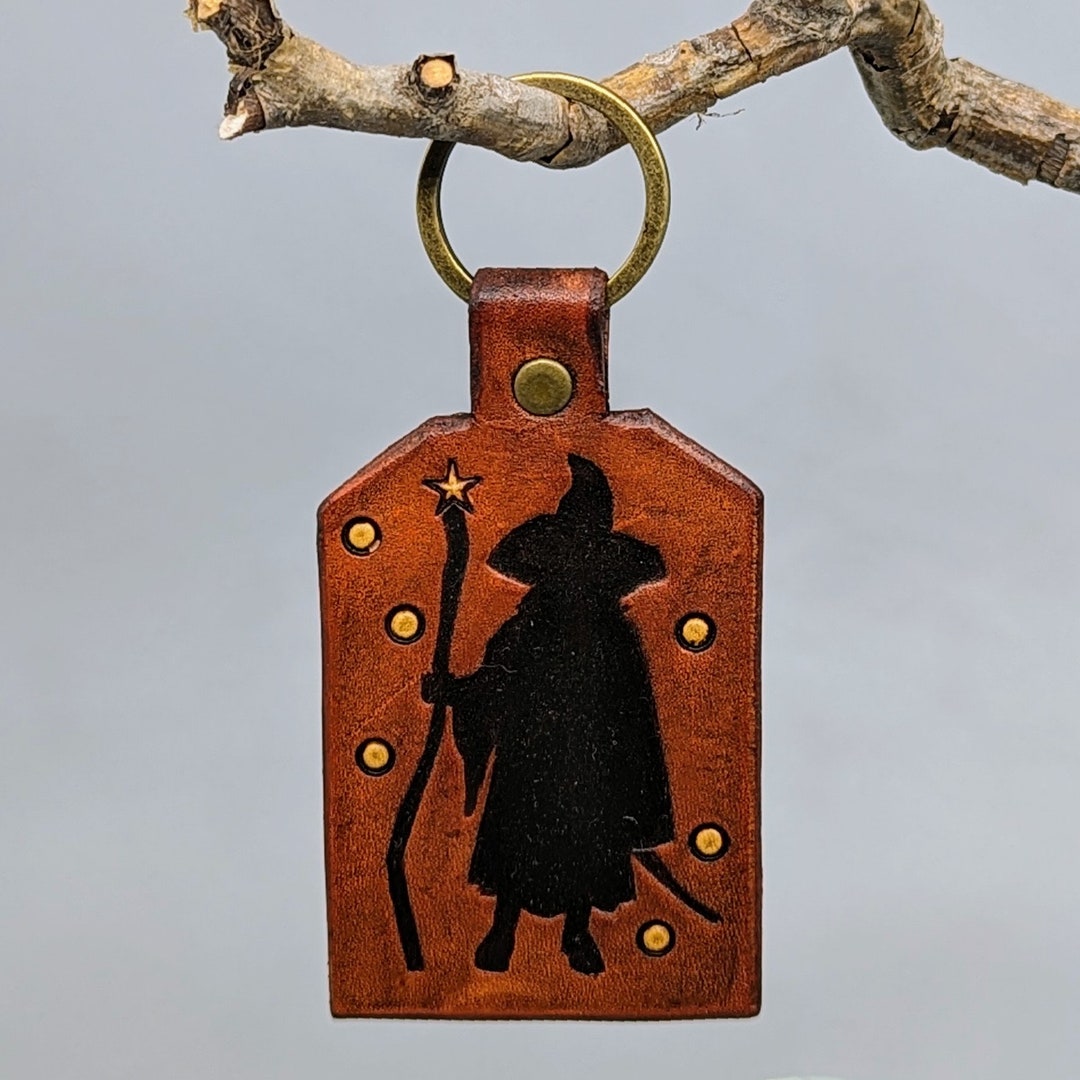 Witch or Wizard With Staff Wand Leather Keyring, Handcrafted Leather ...