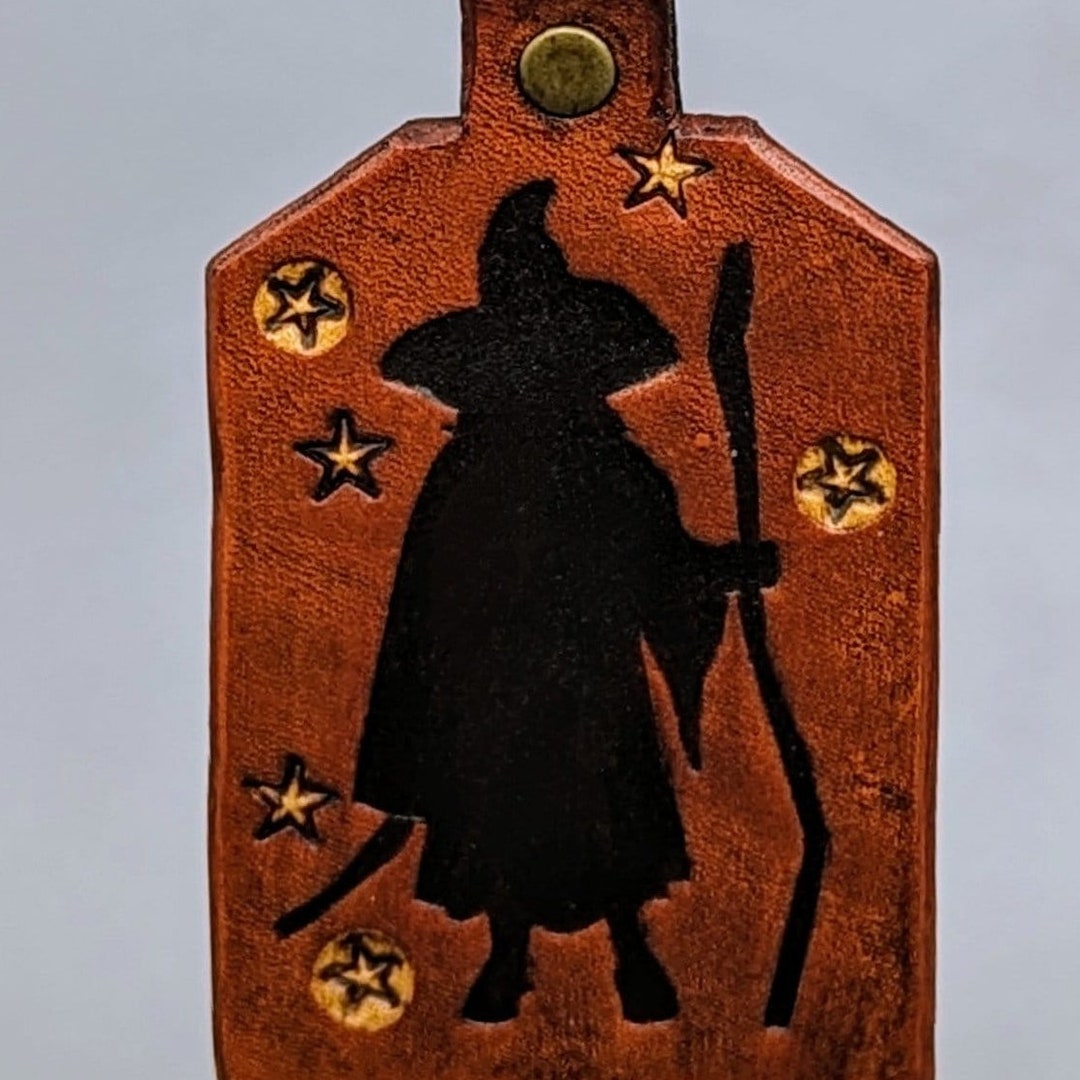 Wizard With Staff and Wand Leather Keyring, Handcrafted Leather Key Fob ...