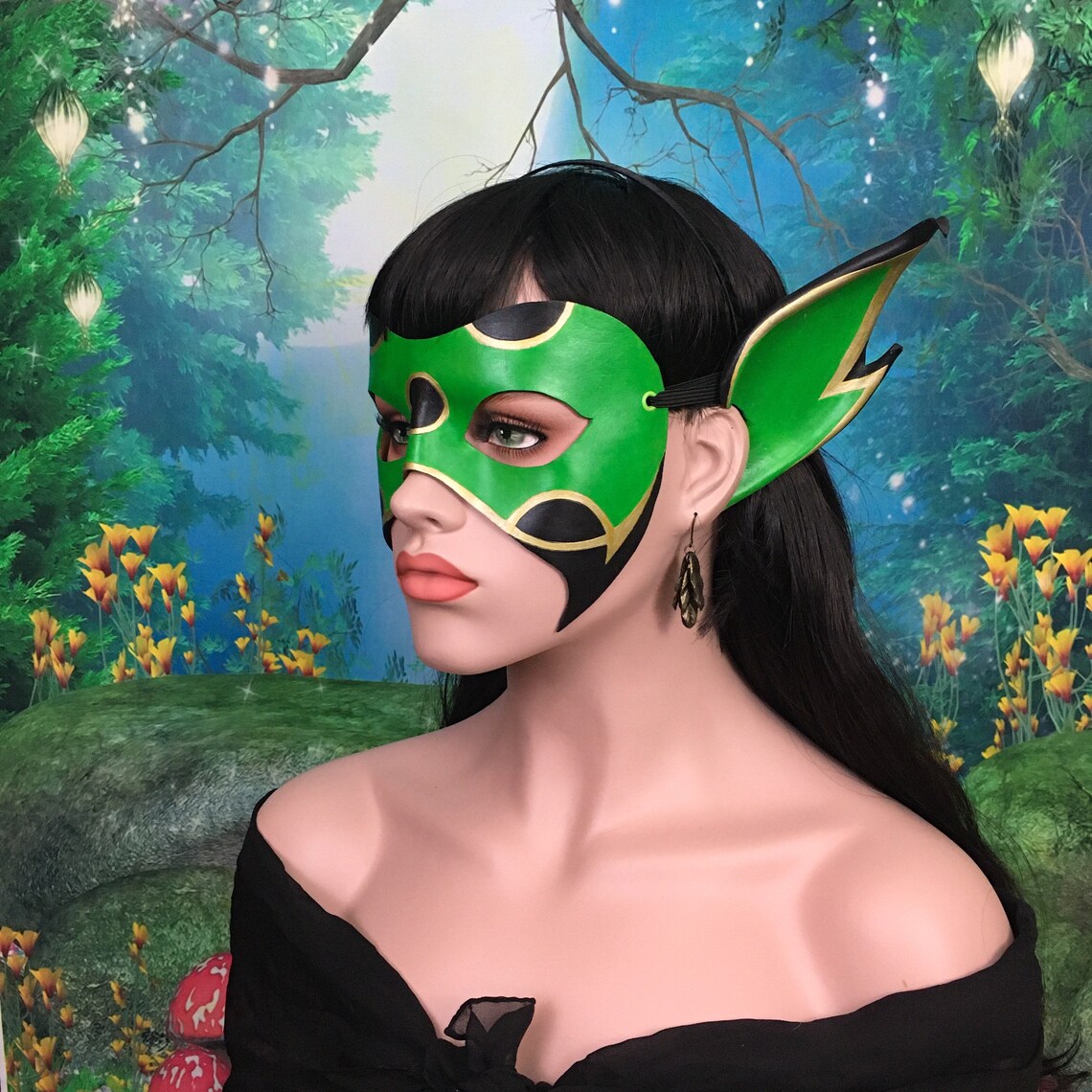 Leather Fairy Mask and Ear Accessory Green Black Gold | Etsy