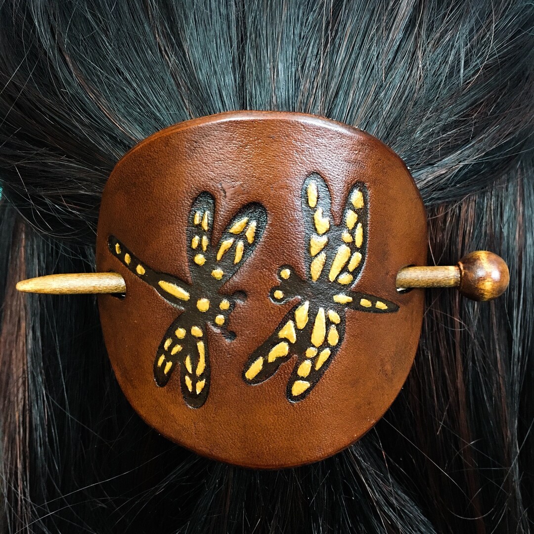 Dragonflies Leather Stick Barrette, Two Dragonflies Handcrafted Embossed Oval Leather Hair Slide ...