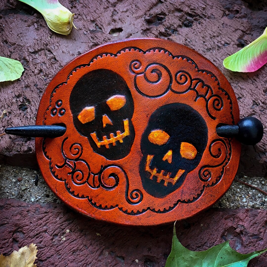Leather Skulls Festive Stick Barrette, Handcrafted Halloween Hair Slide ...