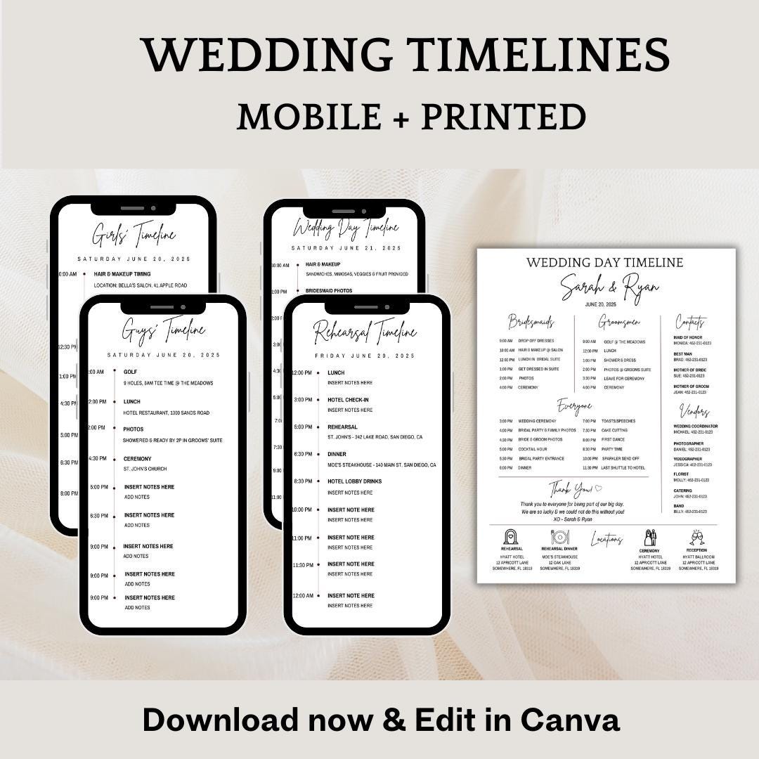 Mobile Friendly Wedding Timelines | Detailed Schedules for Rehearsal ...
