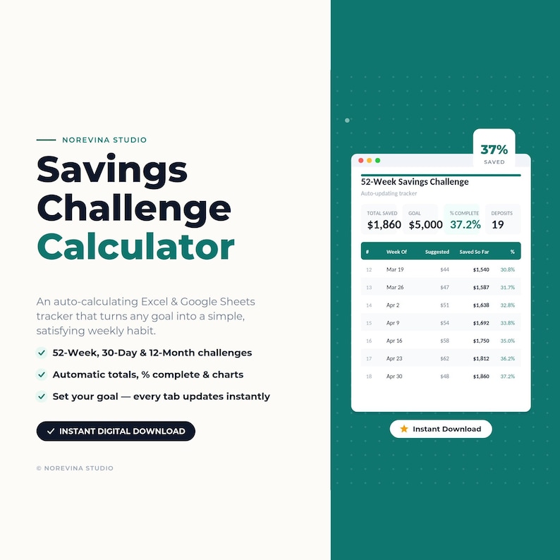 Savings Challenge Tracker, Auto-calculating Spreadsheet (digital ...